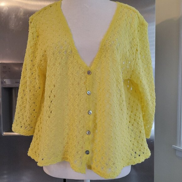 3/4 sleeves, Yellow Cardigan, Lacey Like Fabric | Sweaters | Yellow ...